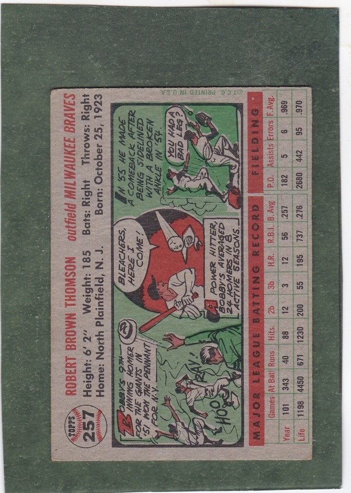 *1956 TOPPS #257 BOBBY THOMSON, BRAVES beauty - top lft tip fuzz | eBay