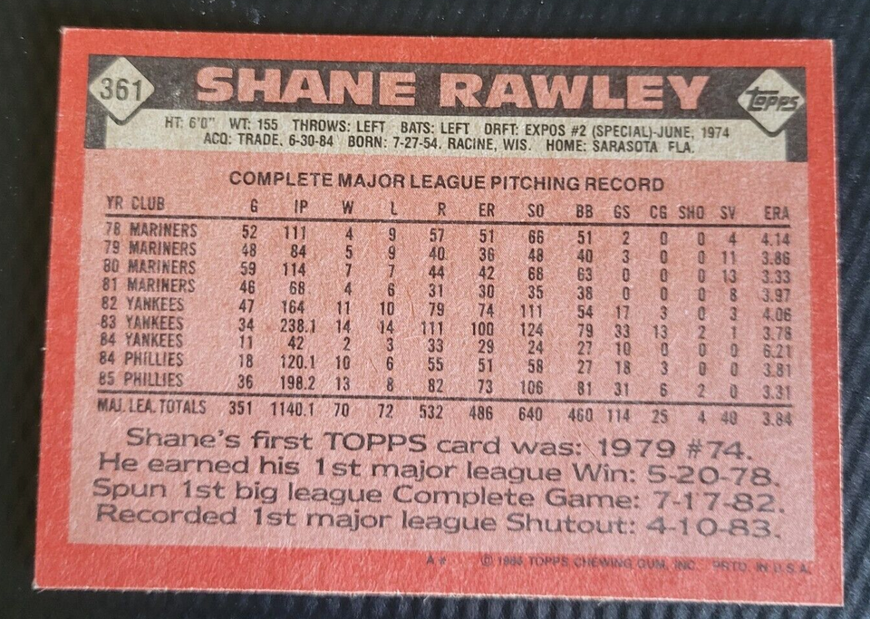 1986 Topps TCG Pitcher SHANE RAWLEY Philadelphia Phillies MLB Baseball ...