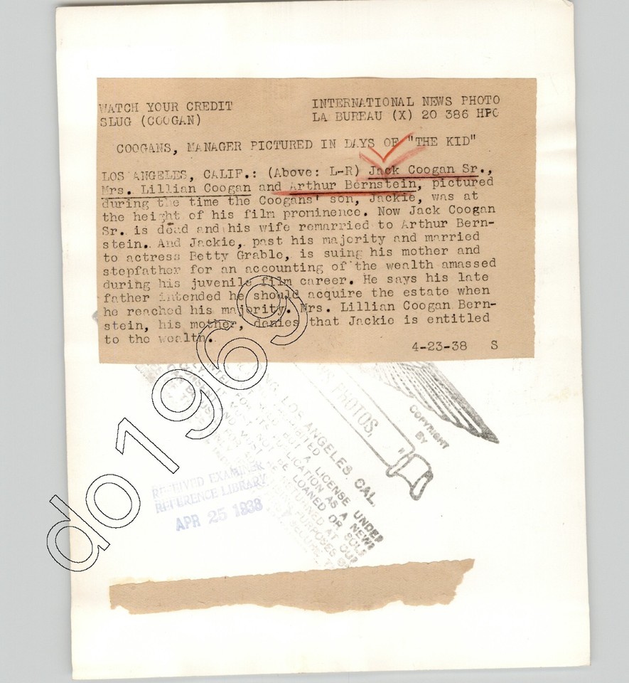 JACK & LILLIAN COOGAN w/ ARTHUR BERNSTEIN @ Los Angeles Cali 1938 Press ...