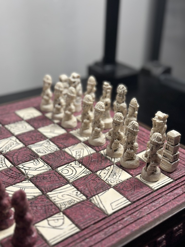 Vintage Unique Mayan Aztec Chess Set Malachite Stone Wood Large Read ...