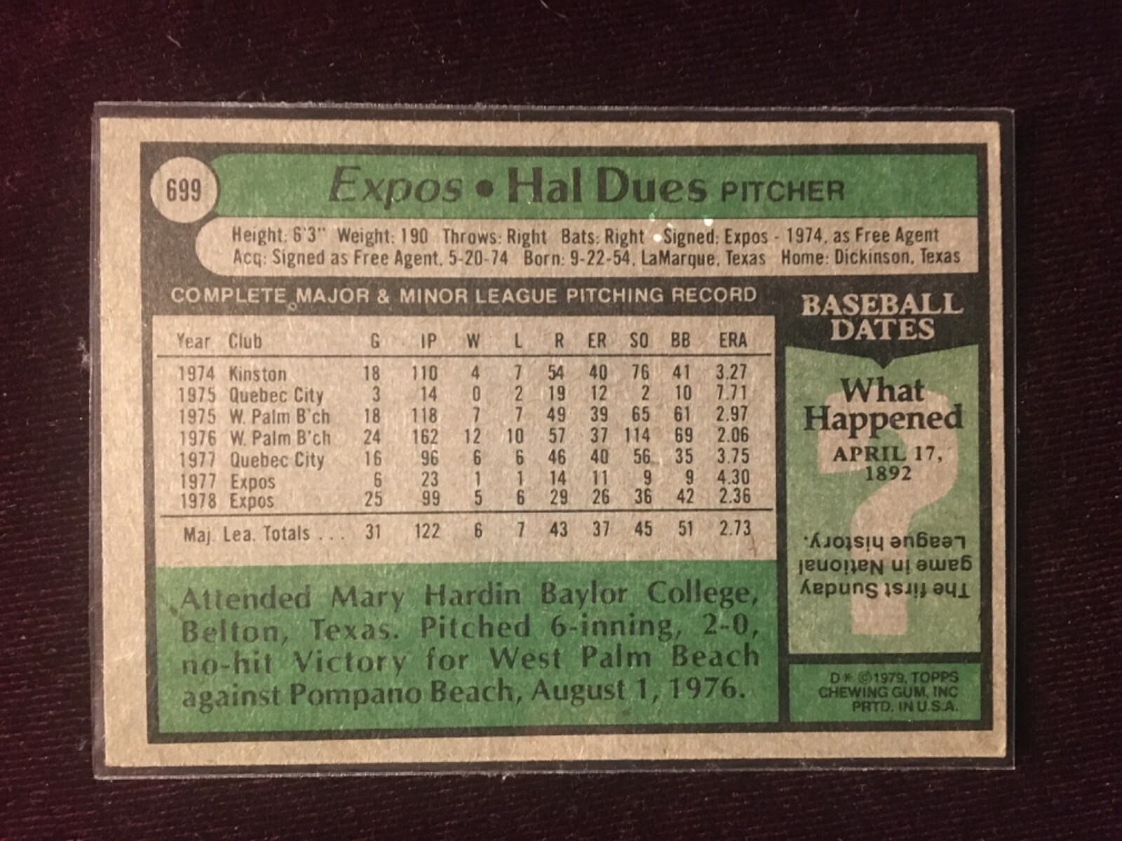 1979 Topps #699 Expos Hal Dues Baseball Card | eBay