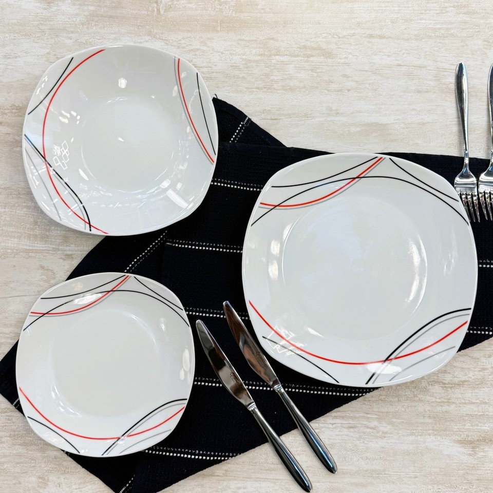 12-pc Dinner Set White Soup Dessert Plates Red Black Semi Square Four ...
