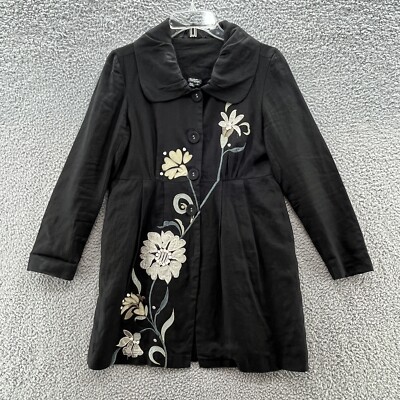 CoVelo Clothing Jacket Womens 4 Black Linen Floral Applique Art to Wear ...