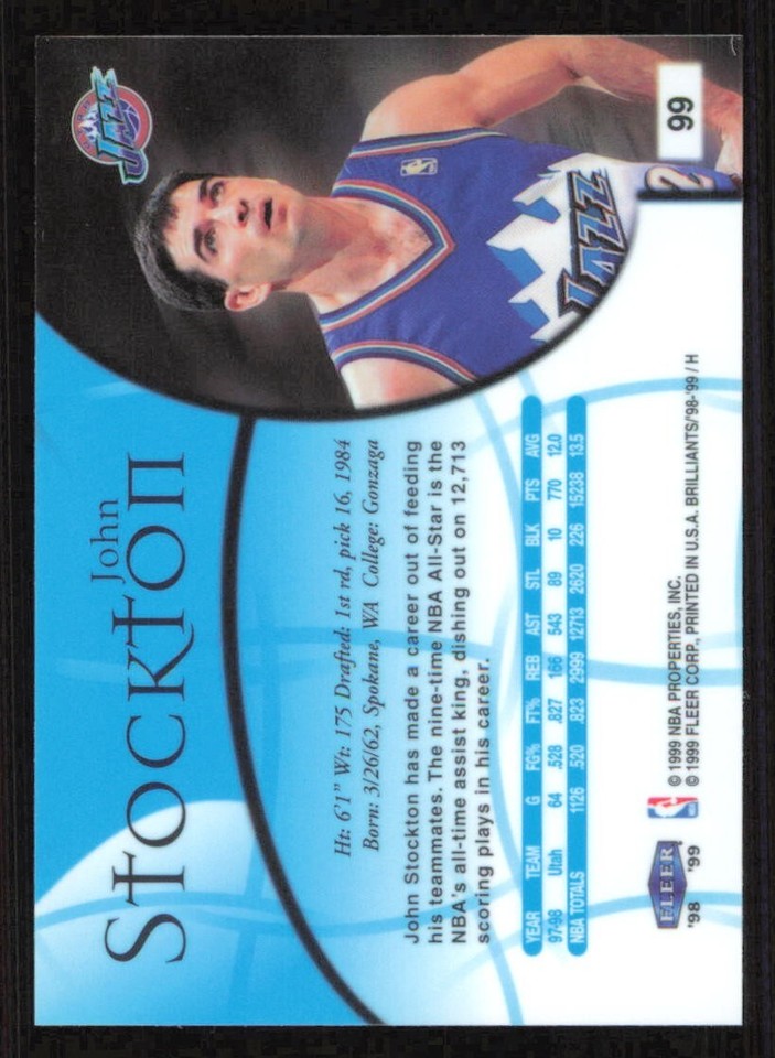 1998 Fleer Brilliants JOHN STOCKTON card UTAH JAZZ Gonzaga Bulldogs | eBay