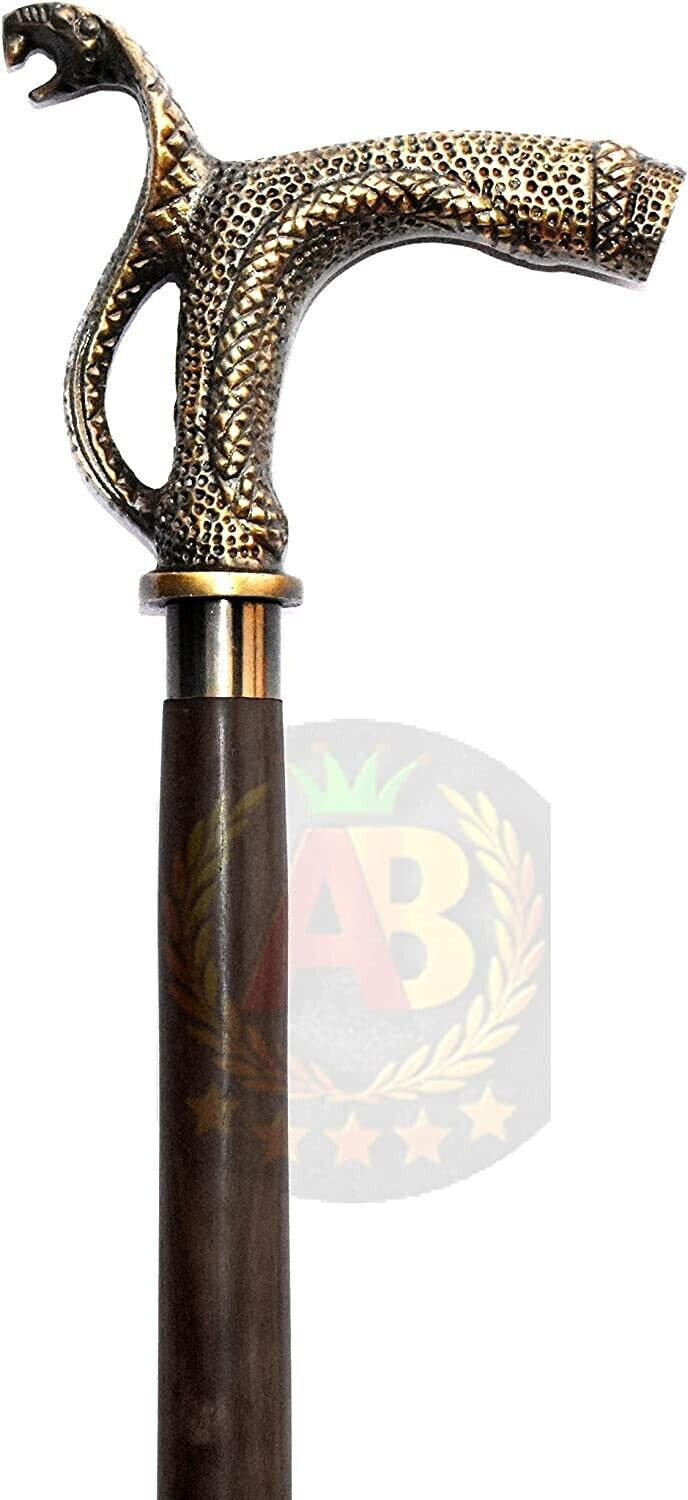 Antique Brass Snake Head Handle Round Wooden Walking … - Gem