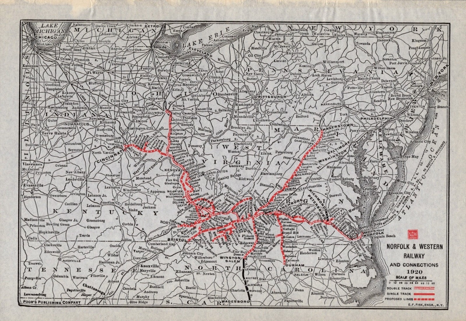 1920 Antique NORFOLK and WESTERN Railway Map Vintage Railroad Map 540 ...