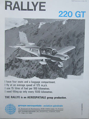 3/1974 PUB AEROSPATIALE AVION RALLYE 220 GT AIRCRAFT FLUGZEUG ORIGINAL ...