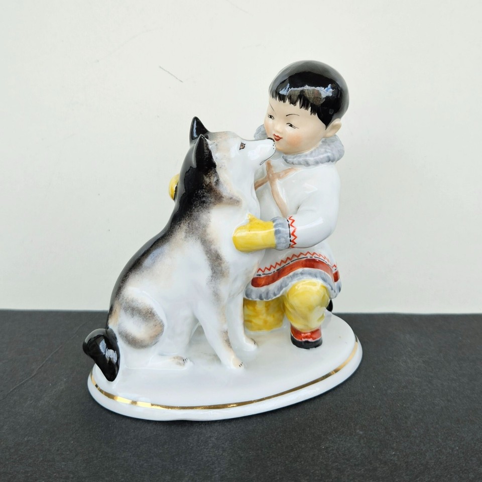 VINTAGE USSR Soviet LFZ Lomonosov PORCELAIN FIGURINE Yakut Boy & Husky ...