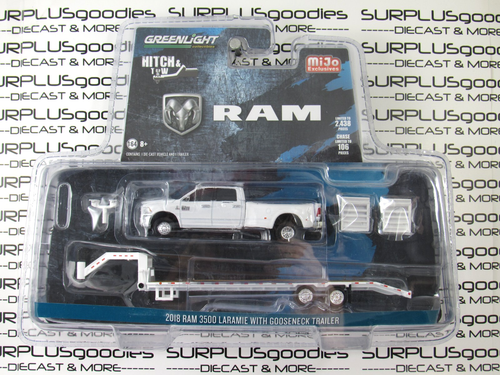 2019 Greenlight 1:64 MiJo Hitch & Tow White 2018 RAM 3500 LARAMIE w ...