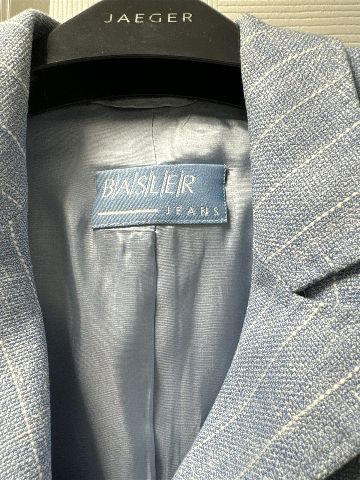 basler Jeans tailored jacket pinstripe pale blue size 16 - 38% Virgin ...