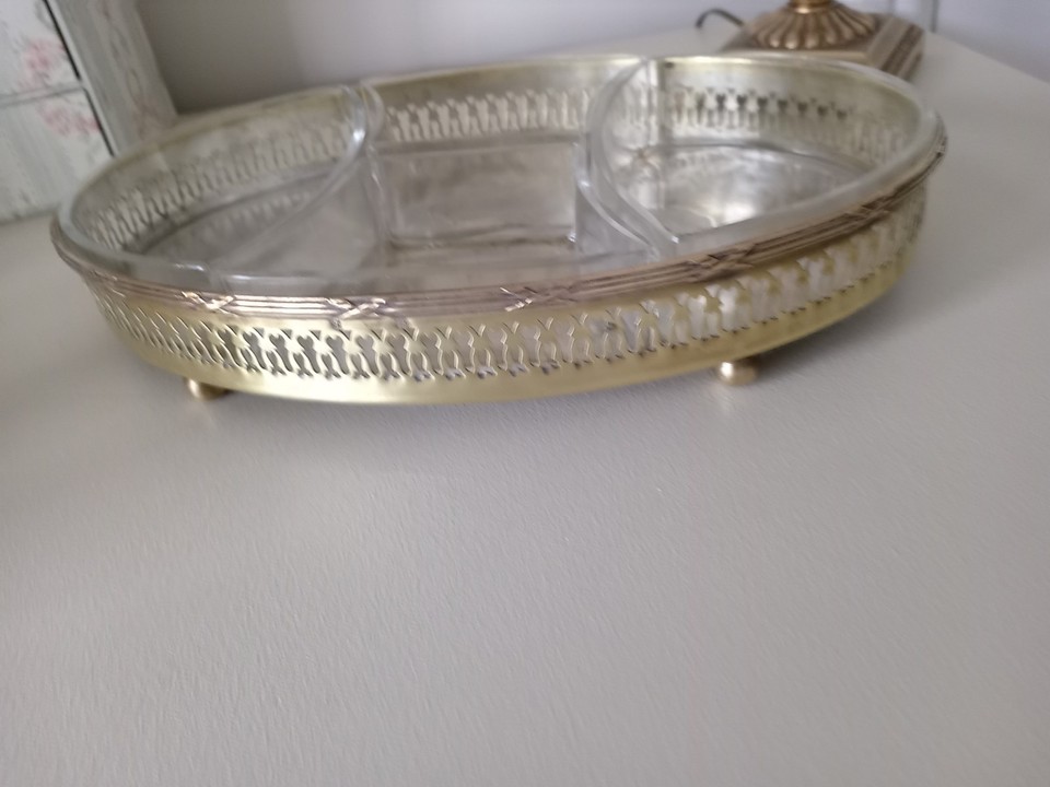 French Antique Snack Compartment Tray With Glass And Brass 28cm X 18cm ...