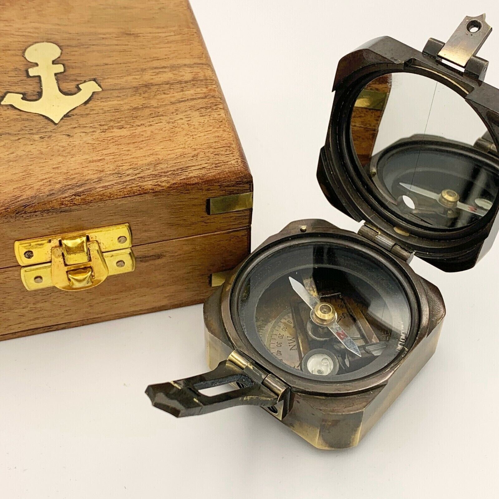 Solid Brass Burton Pocket Compass with Wooden Box Astrolabe Antique ...