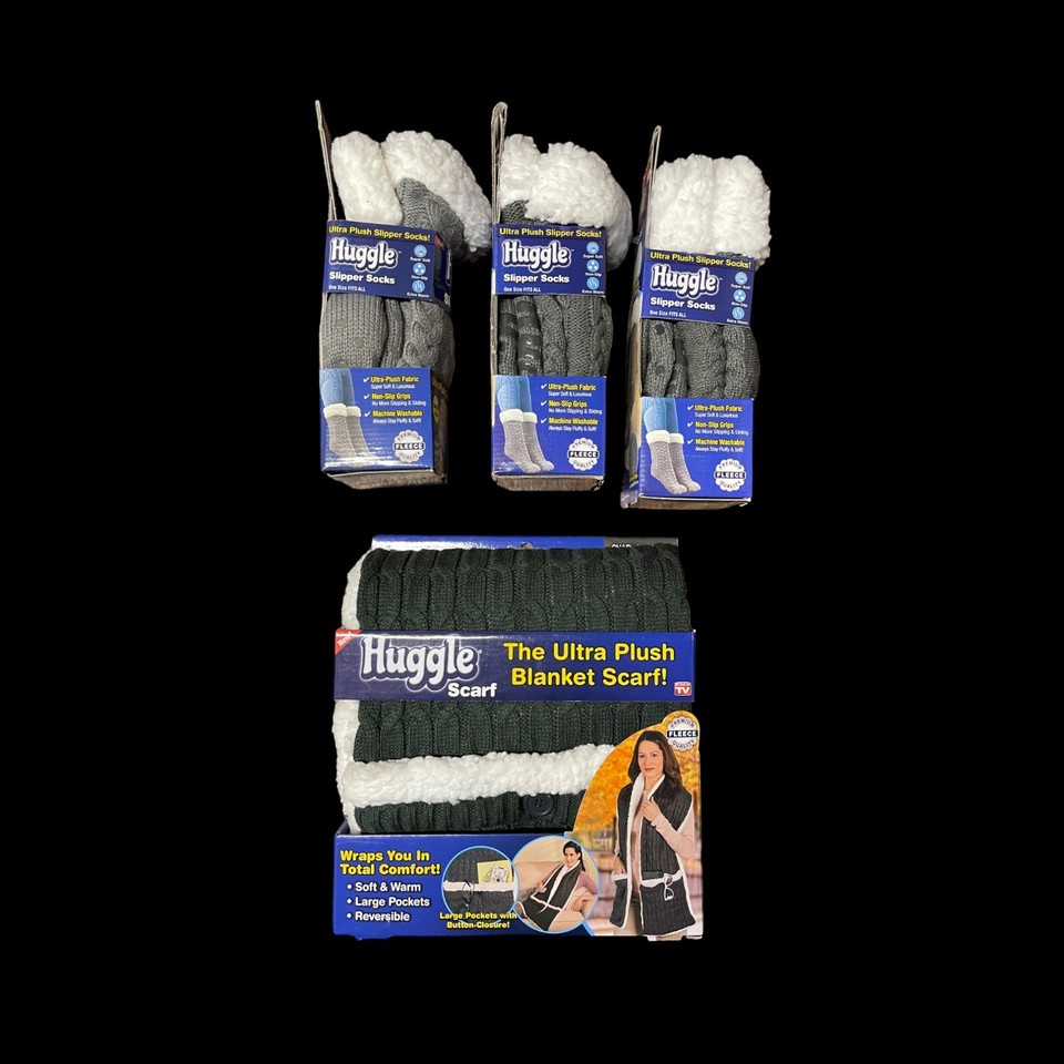 Huggle Slipper Socks Non-Slip Grips Ultra Plush Blanket Scarf Pockets X ...