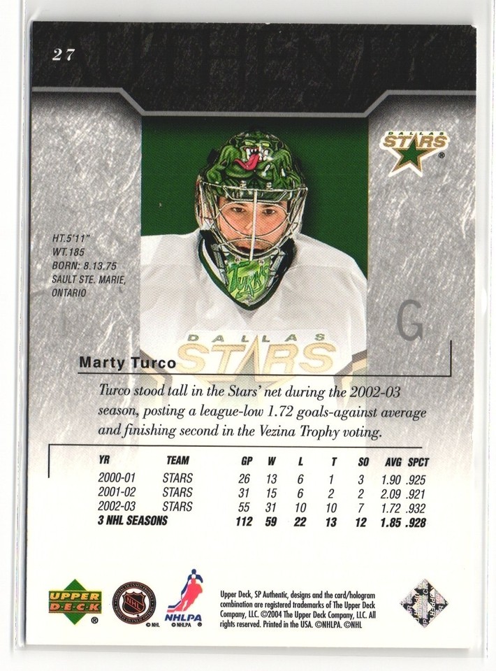 Upper Deck Sp Authentic 2004 #27 Marty Turco Dallas Stars NHL | eBay