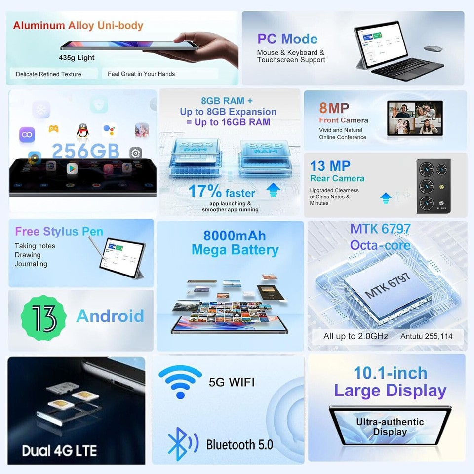 Tablet Android 13 10.1" Gaming Tablet 16GB RAM+256GB ROM Octa-Core 1920 ...