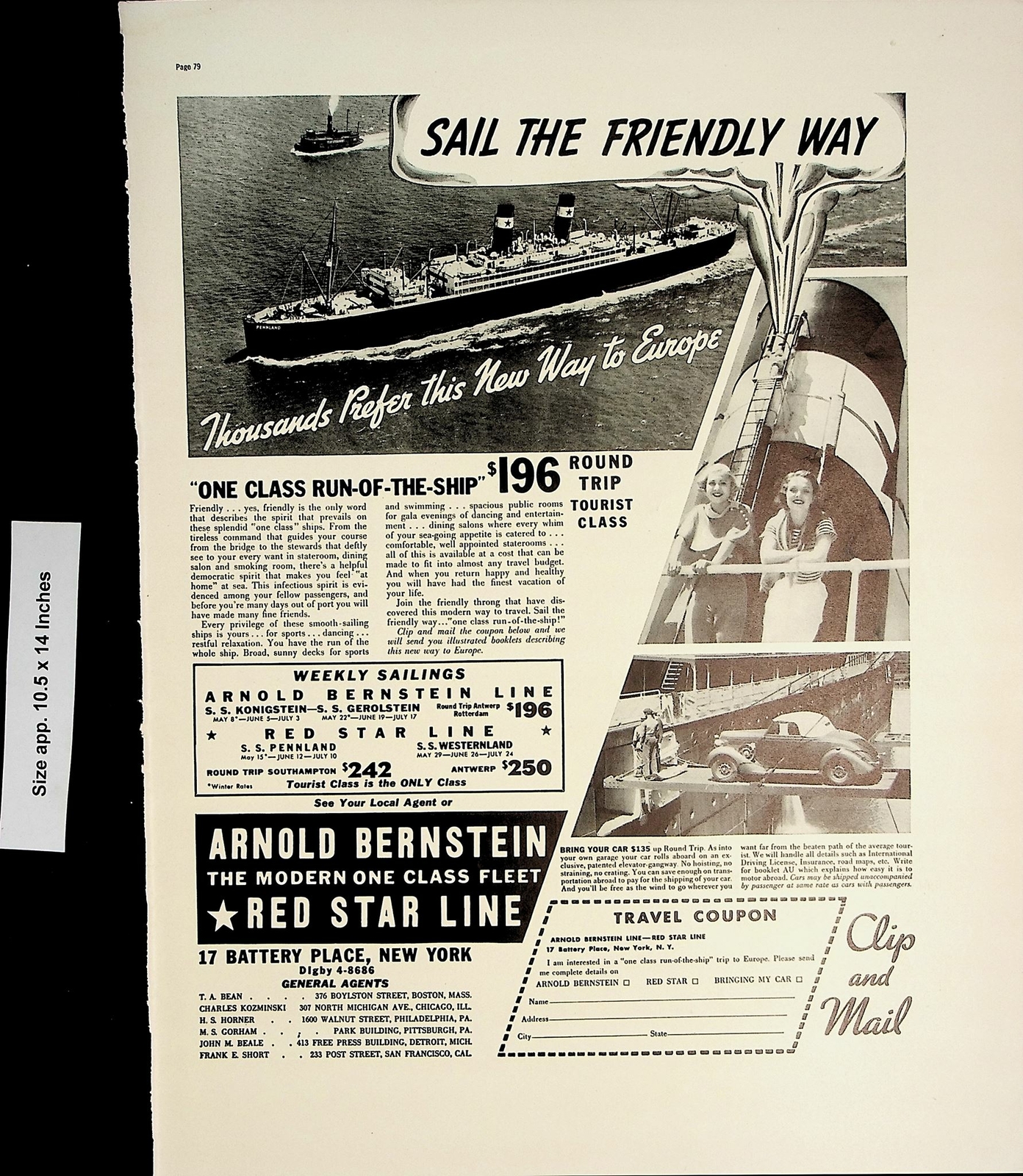 1937 Arnold Bernstein Red Star Line Ship Travel Vintage Print Ad 4683 ...