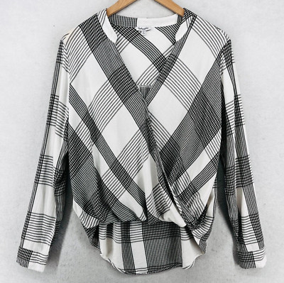 SPLENDID Top Small Check Surplice Faux Wrap Notch V-Neck Long Sleeve ...