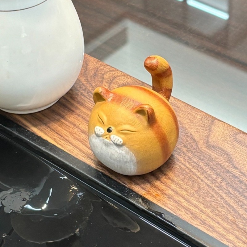 Chinese Clay Cute Lucky Cat Tea Pet Figurines Tea Ceremony Zen Yellow ...