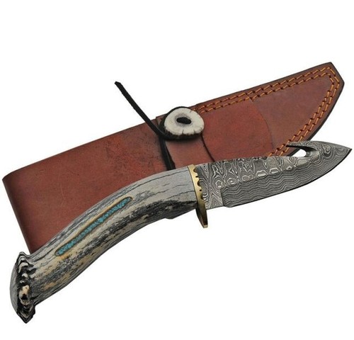 Rite Edge USA Fixed Knife 4.5" Damascus Guthook Blade Stag/Turquoise ...