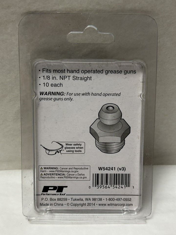 "Performance Tool Grease Fittings 1/8"" NPT Straight 10-PACK #W54241 ...