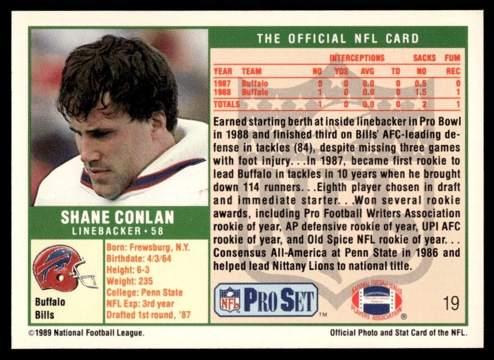 1989 Pro Set Shane Conlan Buffalo Bills #19 | eBay