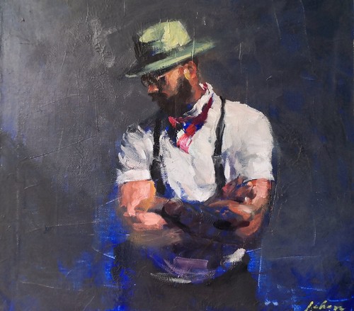 Original Gemälde"Mann mit Hut und rotem Schal"40x40cm Öl auf Leinwand ...