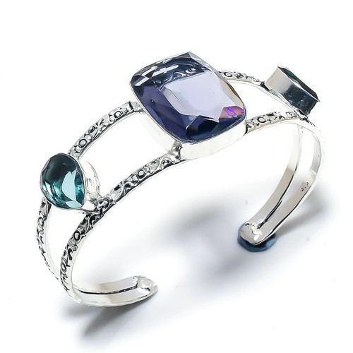 Iolite Quartz, Apatite Gemstone 925 Sterling Silver Cuff Bracelet ...
