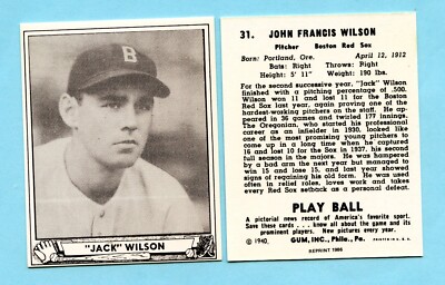 1940 Playball Reprint # 31 Jack Wilson -- Boston Red Sox Box 129 | eBay