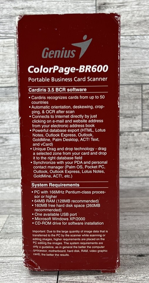 Genius ColorPage-BR600 Portable Business Card Scanner Cardiris 3.5 BCR ...