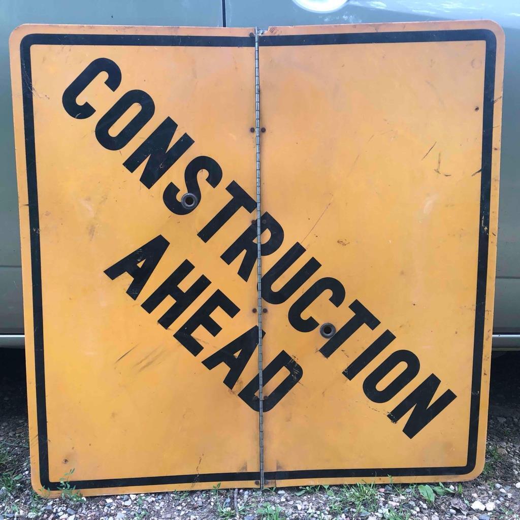 Vintage Large 36" x 36" Construction Ahead Folding Yellow Traffic Sign ...