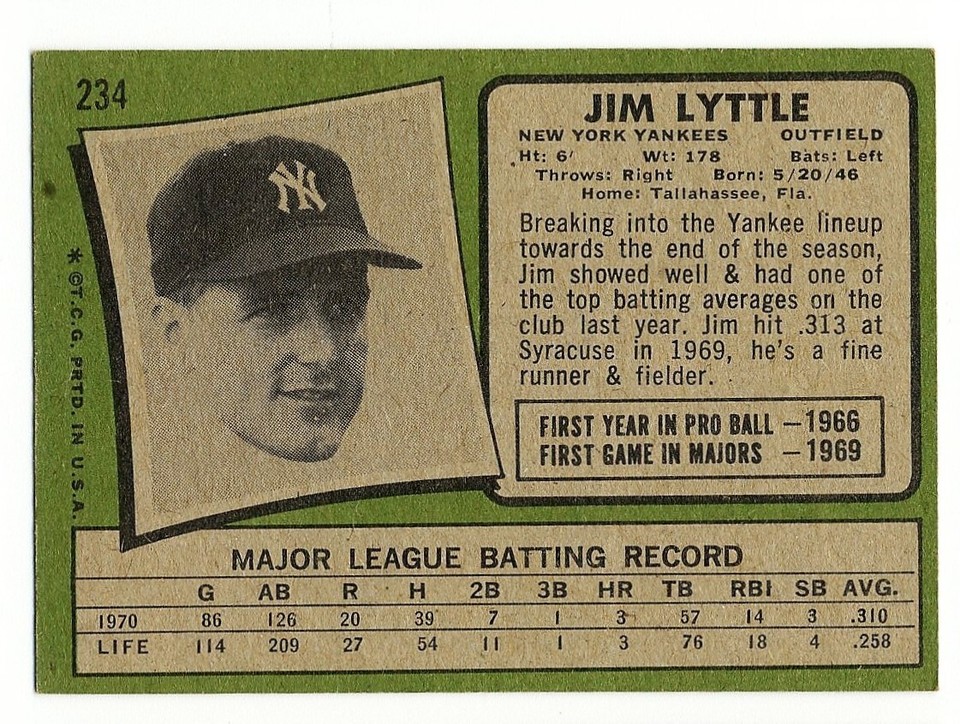 1971 TOPPS NEW YORK YANKEES JIM LYTTLE #234 EXMT | eBay