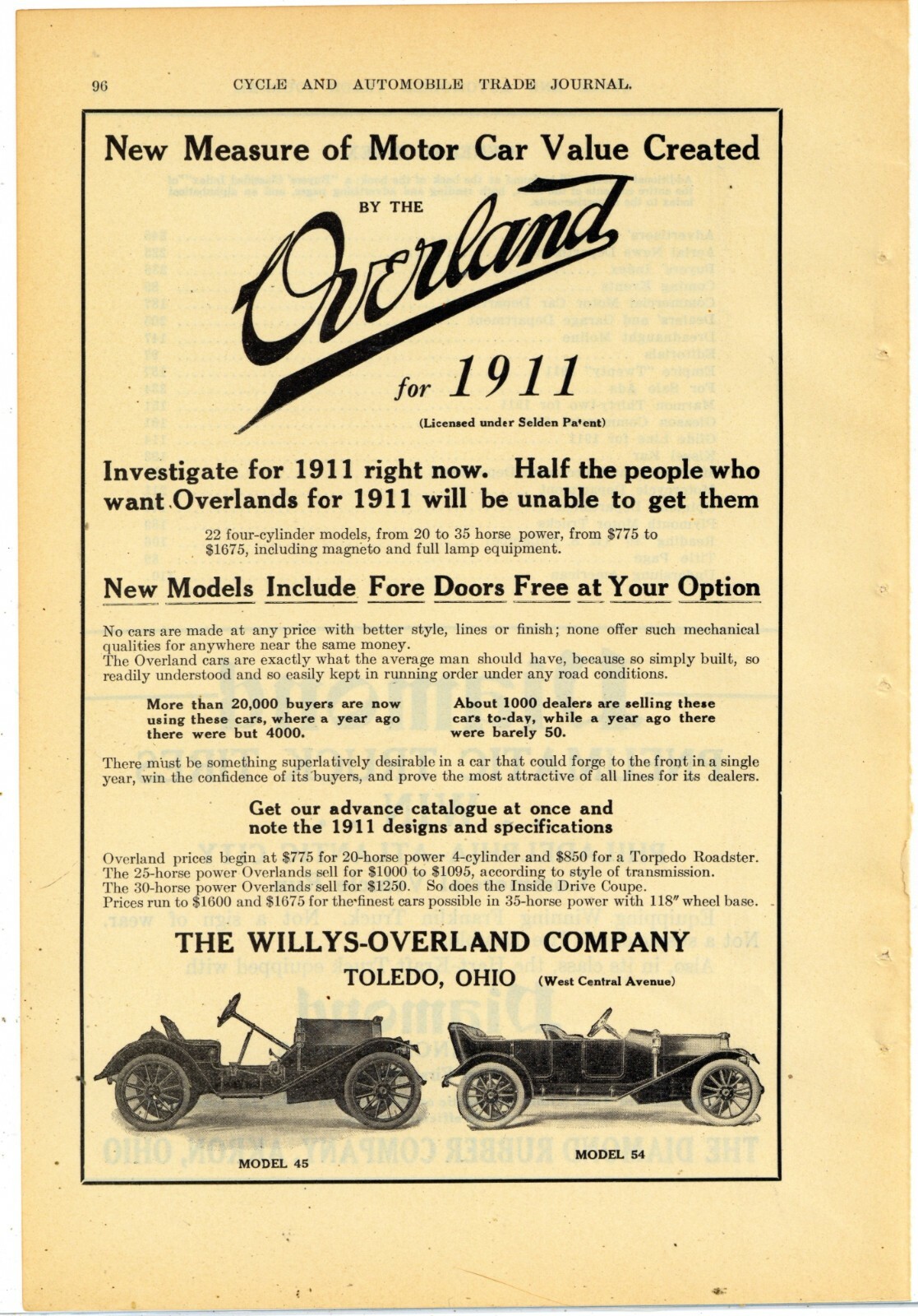 1911 Willys Overland Co. Ad: Overland Models 45 & 54 Pictured - Toledo ...