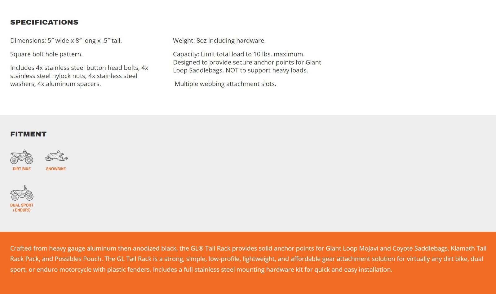 Giant Loop Motorcycle Tail Rack, Rear Fender Rack, Dirt Bikes, Off road ...