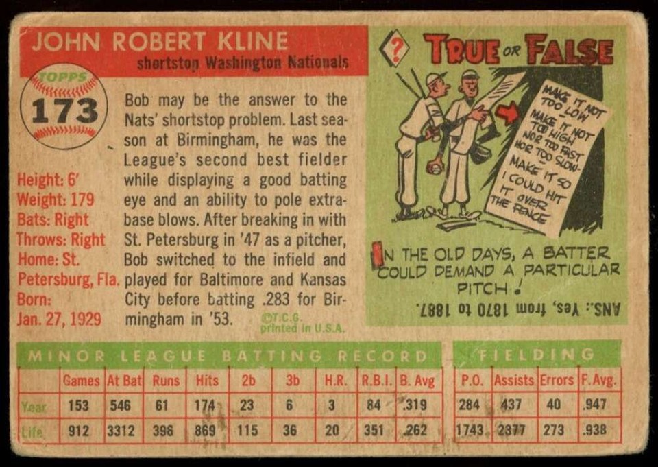 1955 Topps #173 Bob Kline FR RC Rookie Senators 72415 | eBay