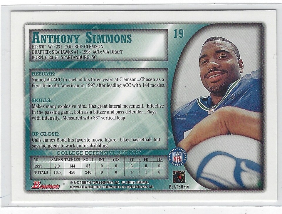 1998 BOWMAN ANTHONY SIMMONS RC #19 SEATTLE SEAHAWKS CLEMSON TIGERS | eBay