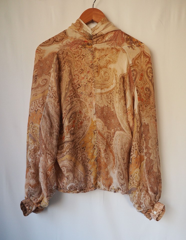 Haute Hippie USA Silk Chiffon Buff Drape Faux Wrap Blouse Bird Paisley ...