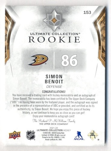 2021-22 Upper Deck Ultimate Collection - Ultimate Rookies Simon Benoit ...
