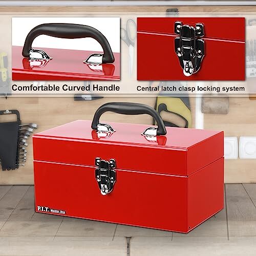 Portable 12Heavy Duty Steel Tool Box with Metal Latch Red Hand Carry ...