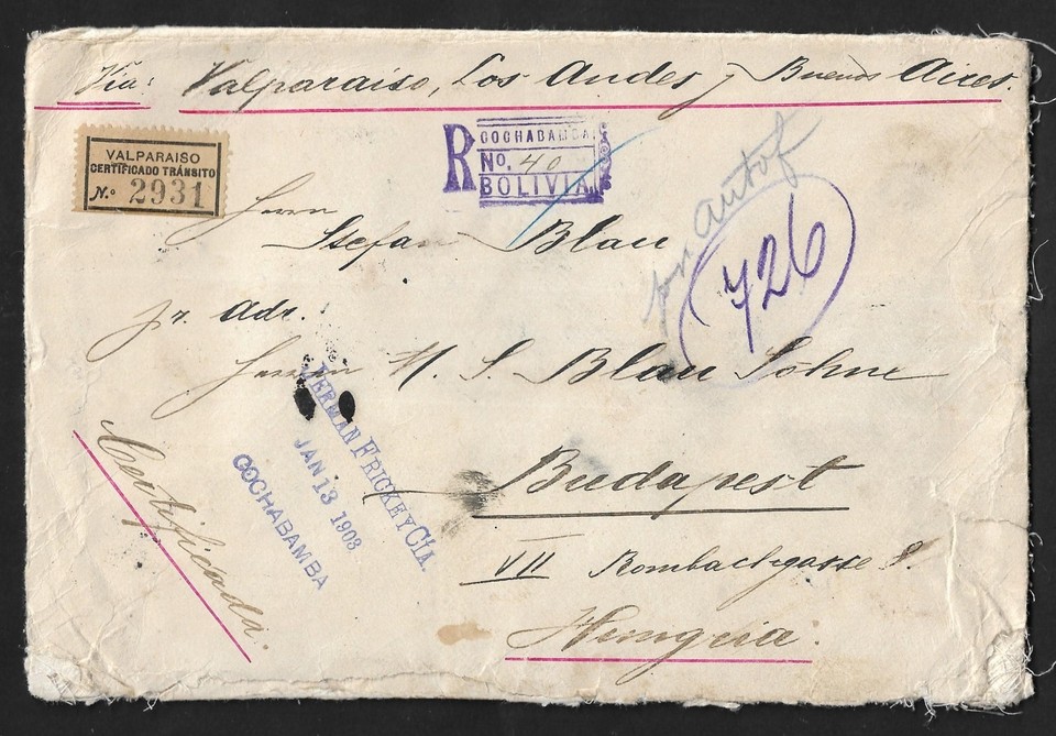 BOLIVIA TO HUNGARY VIA VALPARAISO-BUENOS AIRES REGD MULTIFRANKED COVER ...