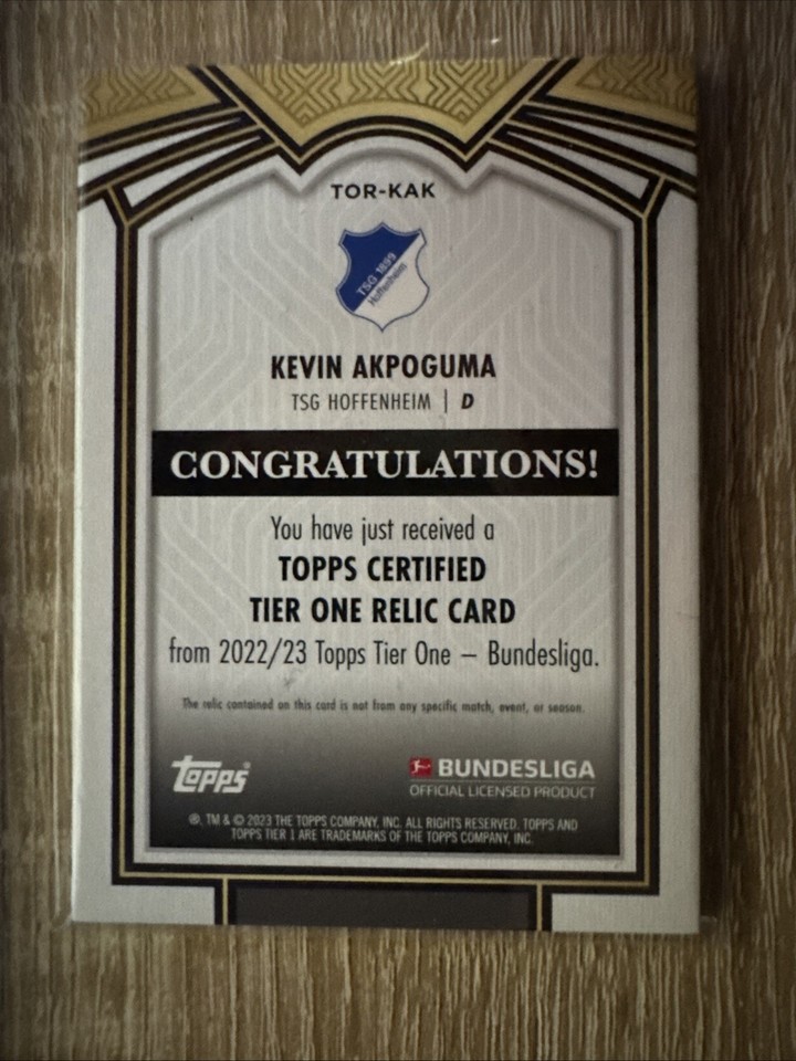 2022-23 Topps Tier One Bundesliga Kevin Akpoguma TSG Hoffenheim Patch ...