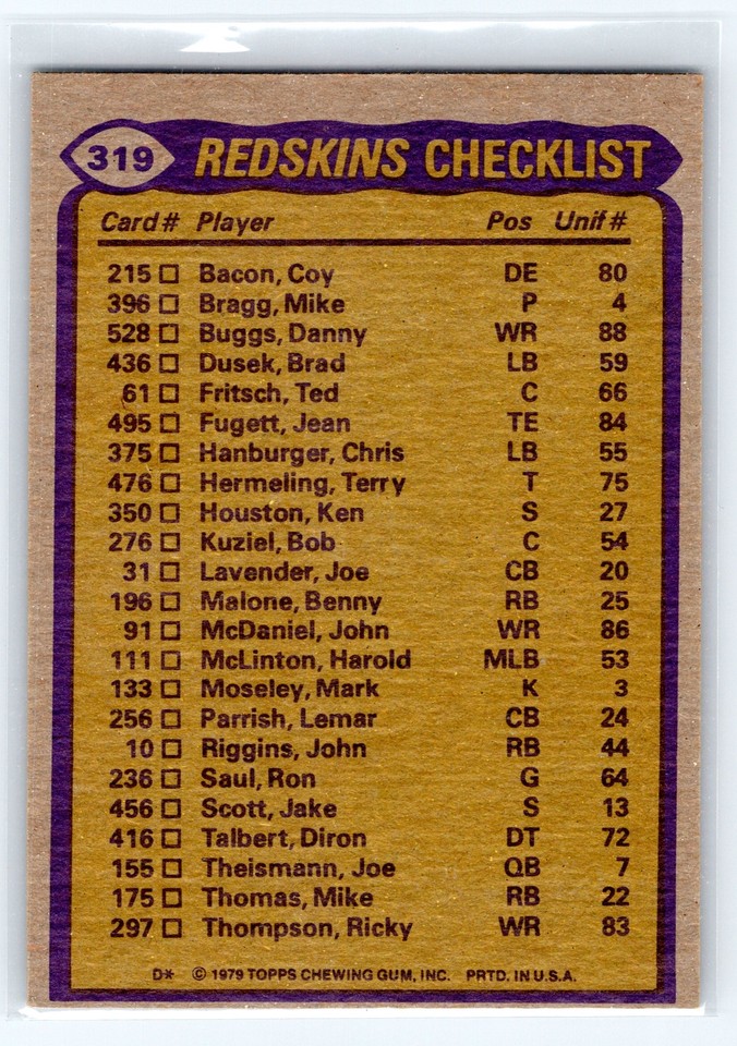 1979 Topps #319 John Riggins / John McDaniel / Jake Scott / Coy Bacon ...