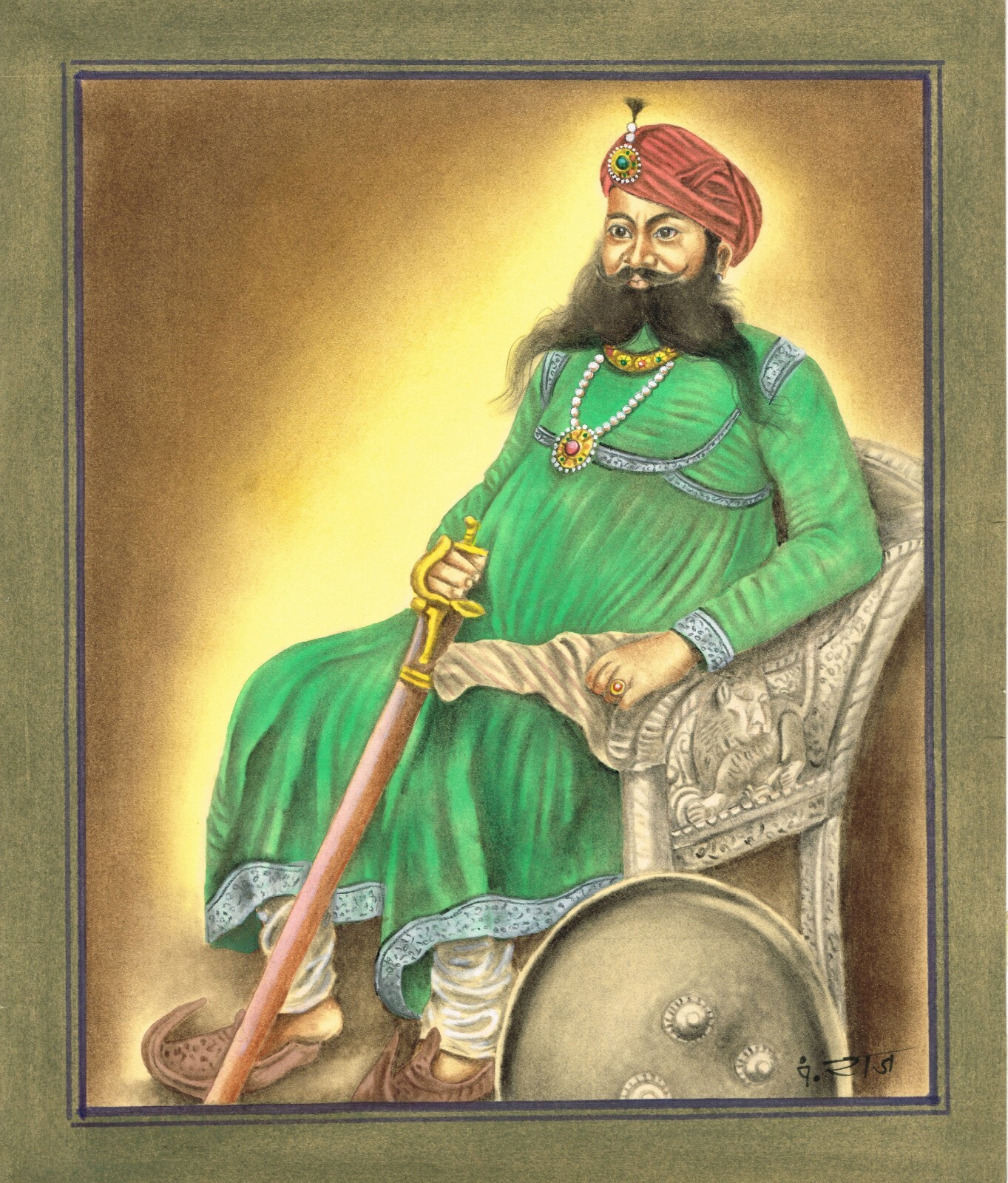 Indian Miniature Painting Of Rajput Maharaja With Sword Seated On Chair ...