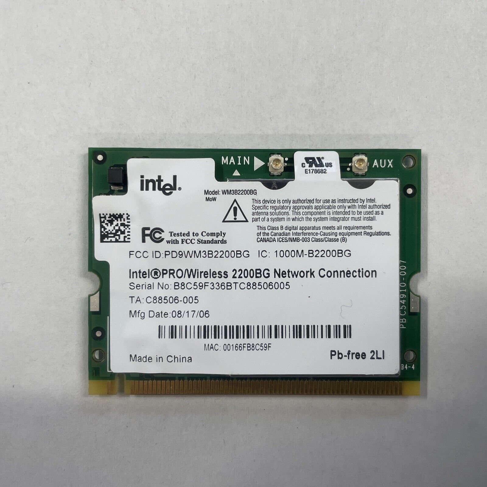 Genuine Intel PRO/Wireless 2200BG 2.4GHz 802.11b/g Mini PCI WM3B2200BG ...