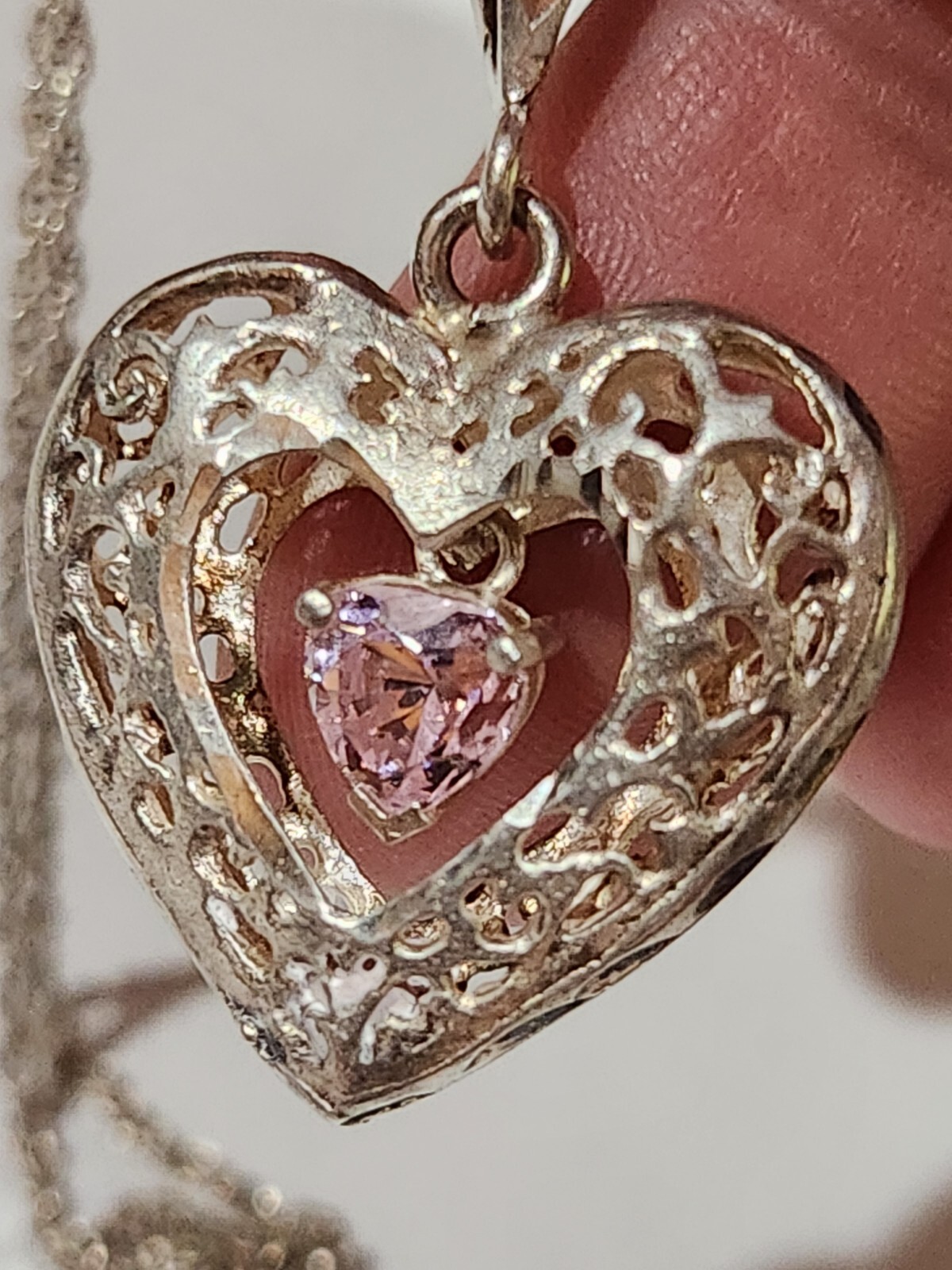 Sterling Silver Floating Pink Heart Filigree True Lov… - Gem