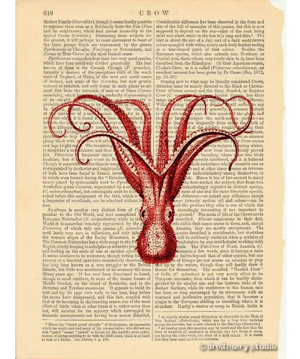 Red Octopus #9 Art Print on Vintage Book Page Home Office Wall Hanging ...