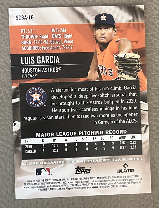 2021 Stadium Club Redemption Luis Garcia SP Auto Houston Astros RC | eBay
