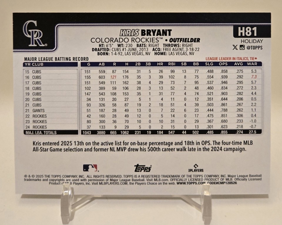 2025 Topps Holiday - Kris Bryant #H81 Silver Glitter Holiday Colorado ...