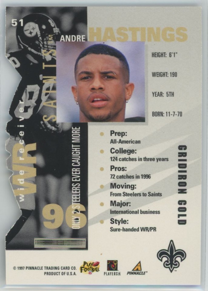1997 Pinnacle Inside Gridiron Gold Die-Cut Andre Hastings New Orleans ...