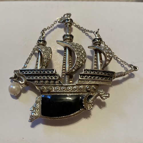 Black Silver And Rhinestone Pirate Ship Brooch | eBay