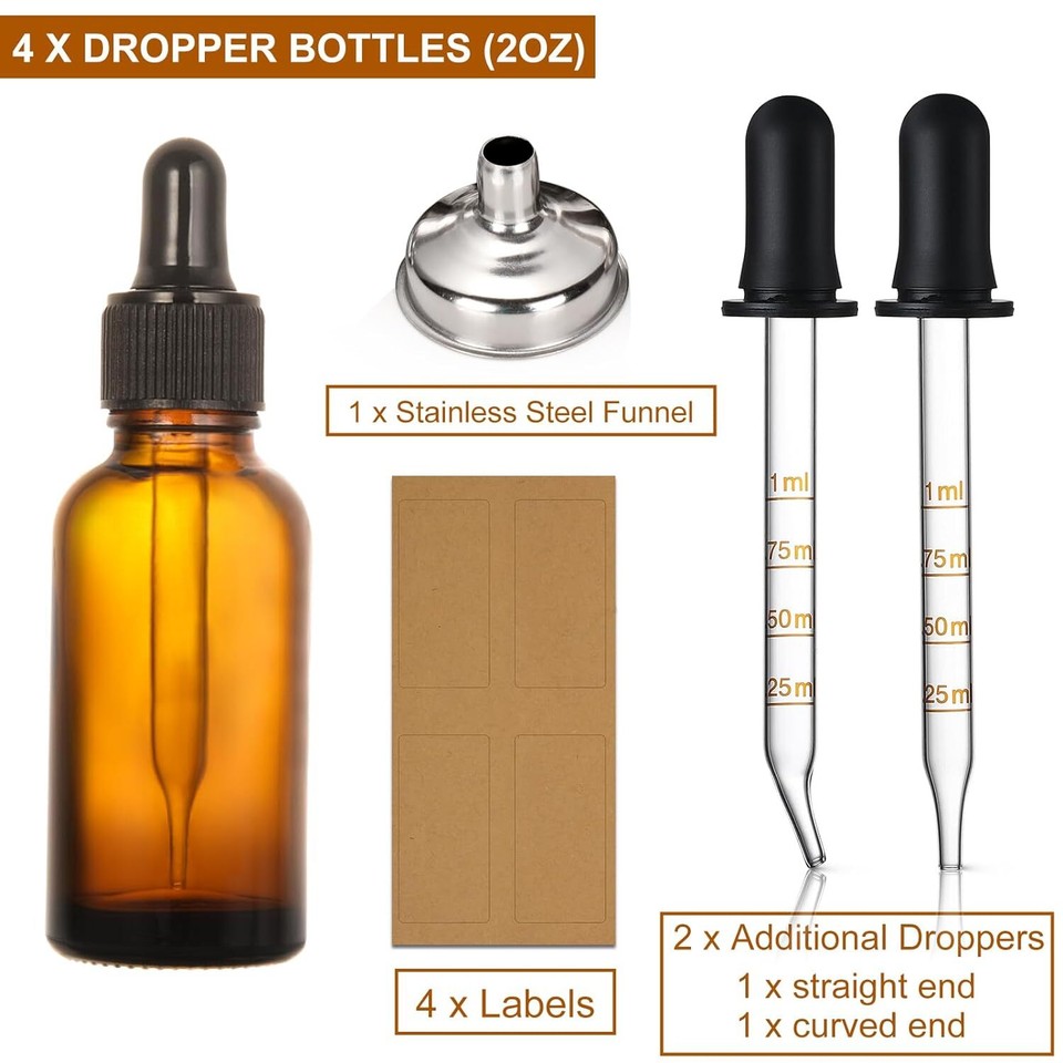 4 Pack 2 Oz Dropper Bottles with 2 Extra 1Ml Calibrated Glass Droppers ...